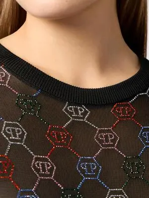 Philipp Plein Slim Fit Sheer Viscose Crewneck Top With Rhinestones