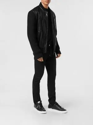 Philipp Plein Ribbed Wool Bomber Jacket With Calfskin Sleeves And Hexagon Logo