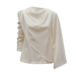 JULIA ALLERT Neutrals Draped Satin Blouse With Asymmetrical Sleeve Ivory - White