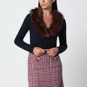 SELF-PORTRAIT Navy Knitted Cardigan With Faux Fur - Blue