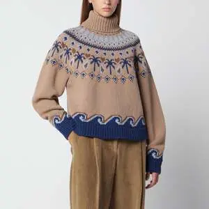 Alanui Sweet Winter Beige And Blue Wool Turtleneck Sweater