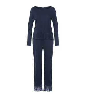 Hanro Lace-trim Long-sleeve Pyjamas - Navy