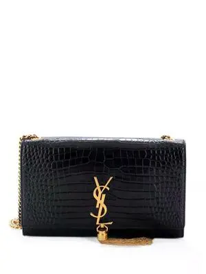 Saint Laurent Classic Monogram Tassel Crocodile Embossed Leather Medium Crossbody Bag - Black