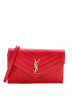 Saint Laurent Classic Monogram Wallet On Chain Matelasse Chevron Leather Small Crossbody Bag - Red