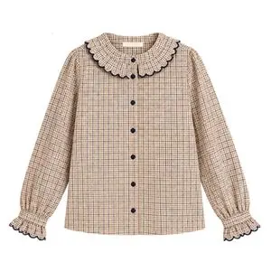 LATELIER LONDON Neutrals / Beige Navy Check Scallop Collar Blouse - Blue