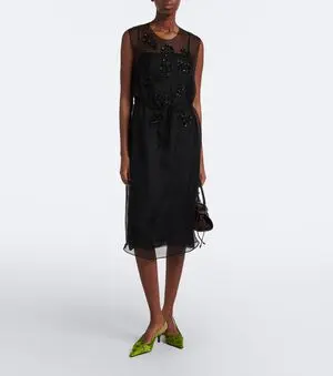 Prada Floral-applique Silk Midi Dress