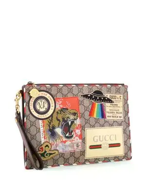 Gucci Courrier Pouch Gg Coated Canvas With Applique Clutch Bag - Brown