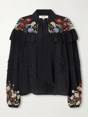 Sea Ruwa Ruffled Embroidered Lace-trimmed Crepe Blouse - Black
