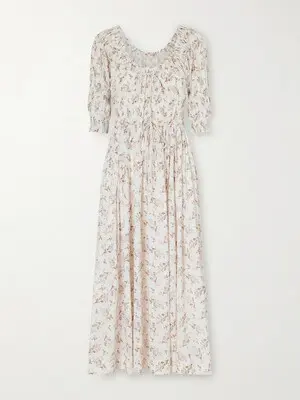 DÔEN Ischia Floral-print Gathered Organic Cotton-voile Midi Dress - Neutrals