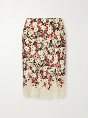 DÔEN Elowette Floral-print Lace-trimmed Silk-satin Midi Skirt - Multi