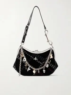 VIVIENNE WESTWOOD Charm Frame Embellished Embroidered Velvet Shoulder Bag - Black