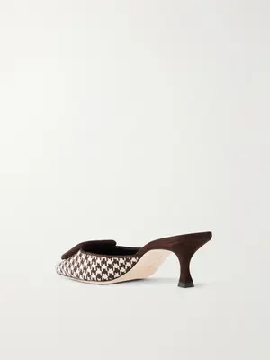 Manolo Blahnik Mayslibi 50 Suede-trimmed Houndstooth Woven Mules
