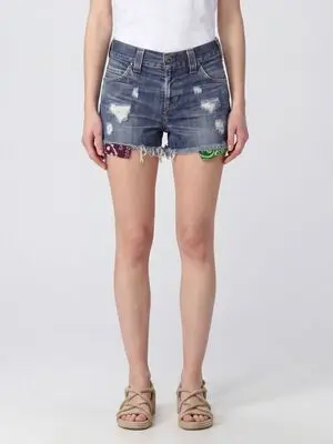 HTC LOS ANGELES High-waisted Studded Shorts With Frayed Hem - Denim