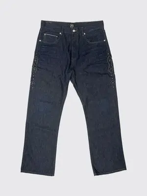 HTC LOS ANGELES Straight Fit Studded Cotton Denim Jeans With Embroidery - Blue
