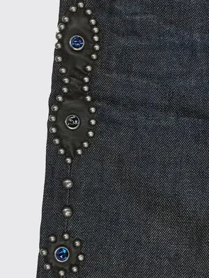 HTC LOS ANGELES Straight Fit Studded Cotton Denim Jeans With Embroidery - Blue