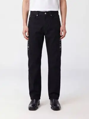 HTC LOS ANGELES Straight Fit Studded And Embroidered Cotton Denim Jeans - Black