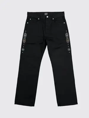 HTC LOS ANGELES Straight Fit Studded And Embroidered Cotton Denim Jeans - Black