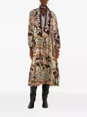 Farm Rio Tapestry Dream Paisley-print Pussy-bow Midi Dress - Neutrals