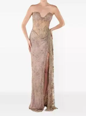 ANDREEA VENECIUC Elara Lace-embroidered Corset-style Gown - Neutrals