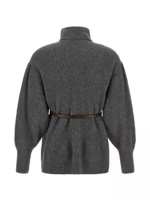 Brunello Cucinelli Belted Chevron-knit Cardigan - Grey