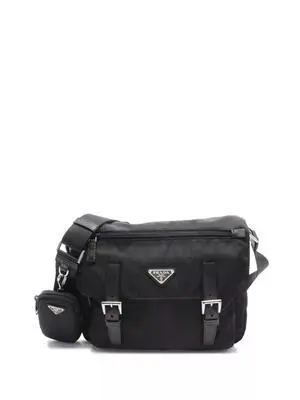 Prada 2013-2026 Saffiano Trimmed Tessuto Zip Double Buckle Messenger Bag Crossbody Bag - Black