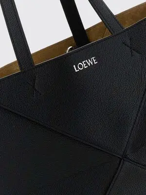 Loewe Puzzle Fold Medium Calfskin Leather Tote Bag With Double Handle - Black
