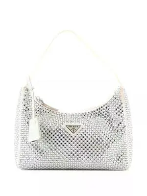 Prada Re-edition 2000 Crystal Embellished Satin Mini Hobo Bag - Silver