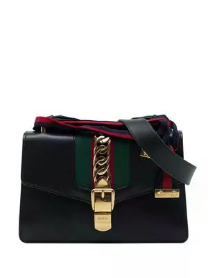 Gucci 2016-2026 Small Calfskin Web Sylvie Satchel - Black