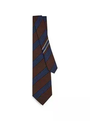 FERRAGAMO Regimental Gancini Silk Jacquard Tie - Brown