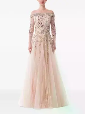DINA MELWANI Peacock-embroidered Off-shoulder Maxi Dress