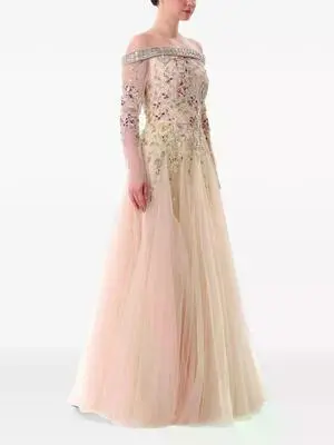 DINA MELWANI Peacock-embroidered Off-shoulder Maxi Dress