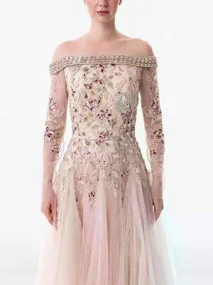 DINA MELWANI Peacock-embroidered Off-shoulder Maxi Dress