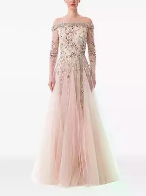DINA MELWANI Peacock-embroidered Off-shoulder Maxi Dress - Neutrals