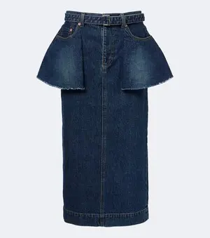 Sacai Belted Peplum Denim Midi Skirt