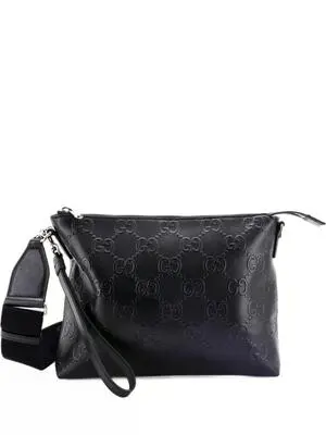 Gucci Convertible Messenger Bag Gg Embossed Perforated Leather Medium Clutch Bag - Black
