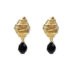 FARRA Classic Oval Obsidian With Gold Stud Earrings - Black