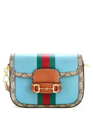 Gucci Horsebit 1955 Shoulder Bag Leather With Gg Coated Canvas Mini Crossbody Bag - Blue