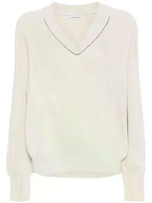 Brunello Cucinelli Monili-chain Ribbed Jumper - Neutrals