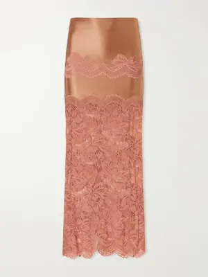 Rabanne Lace-trimmed Stretch-satin Midi Skirt - Brown