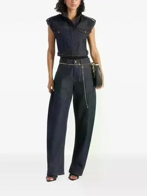 Manière De Voir Imelda Denim Cropped Wide Shoulder Sleeveless Jacket Indigo