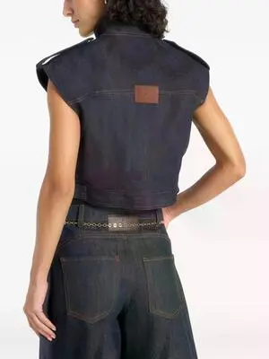 Manière De Voir Imelda Denim Cropped Wide Shoulder Sleeveless Jacket Indigo
