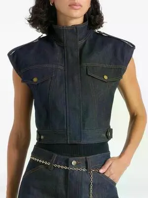 Manière De Voir Imelda Denim Cropped Wide Shoulder Sleeveless Jacket Indigo