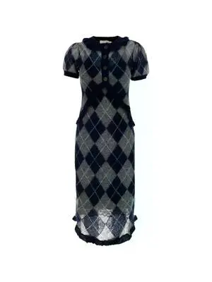 SHUSHU/TONG Argyle-knit Ruffled-trim Midi Dress - Blue