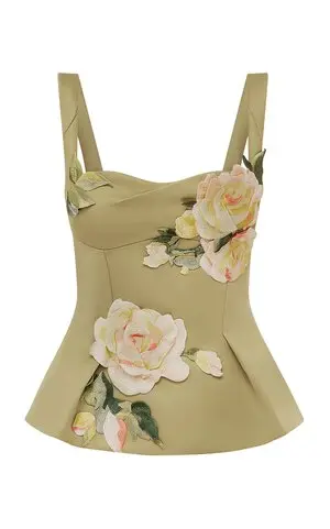 LEO LIN Georgia Embroidered Satin Top - Green