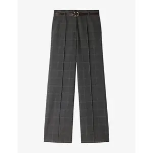 Sandro Checked Belted-waist Stretch Wool-blend Trousers - Grey