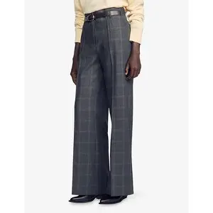 Sandro Checked Belted-waist Stretch Wool-blend Trousers