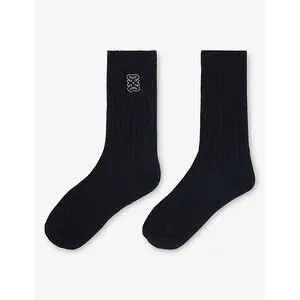 Sandro Ribbed Logo-embroidered Wool And Cashmere-blend Socks - Navy Blue