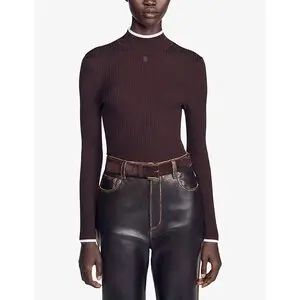 Sandro Ribbed High-neck Wool And Silk-blend Jumper