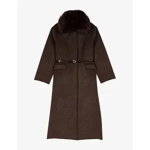 Maje Faux Fur-collar Belted Wool-blend Coat - Dark Brown