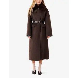 Maje Faux Fur-collar Belted Wool-blend Coat - Dark Brown